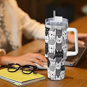 deaokluy 40 OZ Cute Cat Ice Bully Cup with Handle Straw Lid, Double Wall Stainless Steel Tumbler Travel Coffee Cup, Cartoon Insulation and Cooling Cup for Christmas Birthday Present