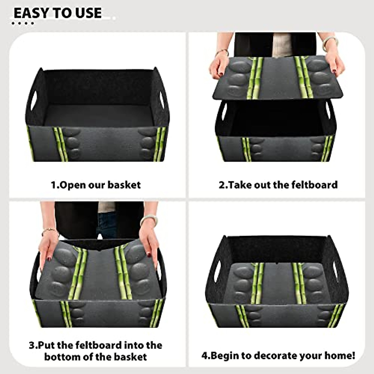 Poeticcity Black Zen Basalt Stones with Dew Green Bamboo on Dark Collapsible Felt Cloth Storage Box, Rectangular Desk Organizer Basket Bin, Detachable Laundry Hamper Plate Counter Holder Box