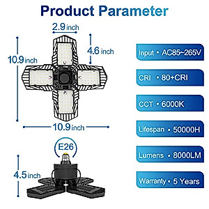 LEDIARY 2 Pack LED Garage Light, 80W Deformable Garage Ceiling Lights with 4 Adjustable Panels, 8000LM Screw in LED Tri Light for Attic, Basement - E26/E27 Base