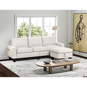 Yattem Convertible Sectional Sofa Couch：Modern L-Shaped Sofa Couches with Reversible Storage Ottoman & Side Storage Pockets - 3-Seat Beige Linen Sofa Couch for Living Room/Apartment/Studio/Small Space