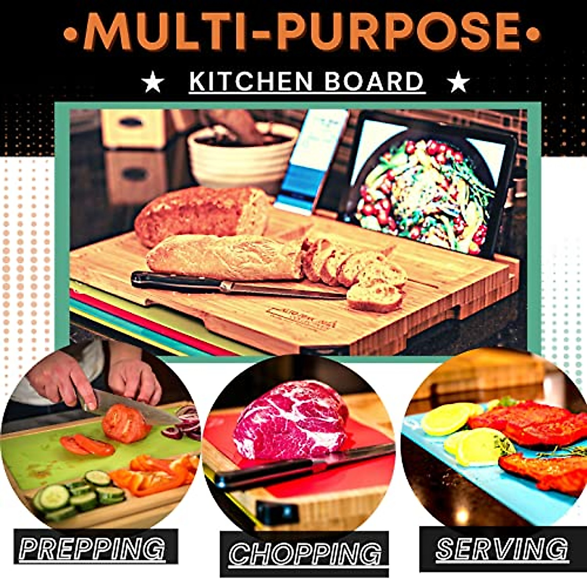 ALTO-PEAK COLLECTIVES–100%Extra-Large Bamboo Wood Prep Cutting Board for Kitchen-4 Plastic Flexi Mats–Beautiful Wooden Charcuterie boards w/handles & 3 deep-compartments-Chopping Board-cell/iPad stand