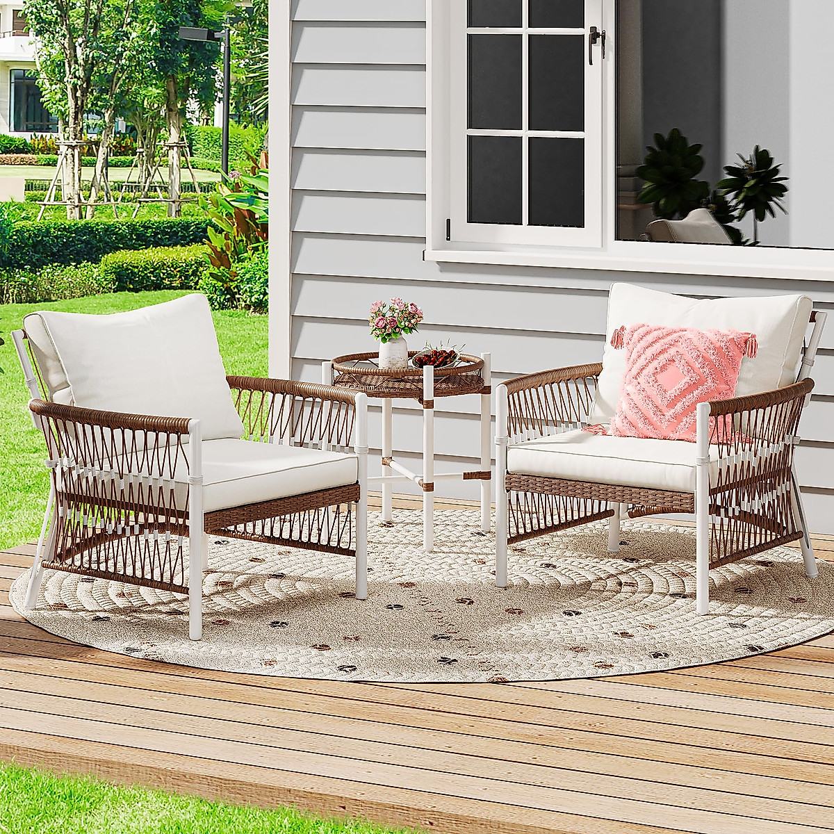 YITAHOME 3-Piece Outdoor Patio Furniture Wicker Bistro Set, All-Weather Rattan Conversation Chairs for Backyard, Balcony and Deck with Soft Cushions, Beige