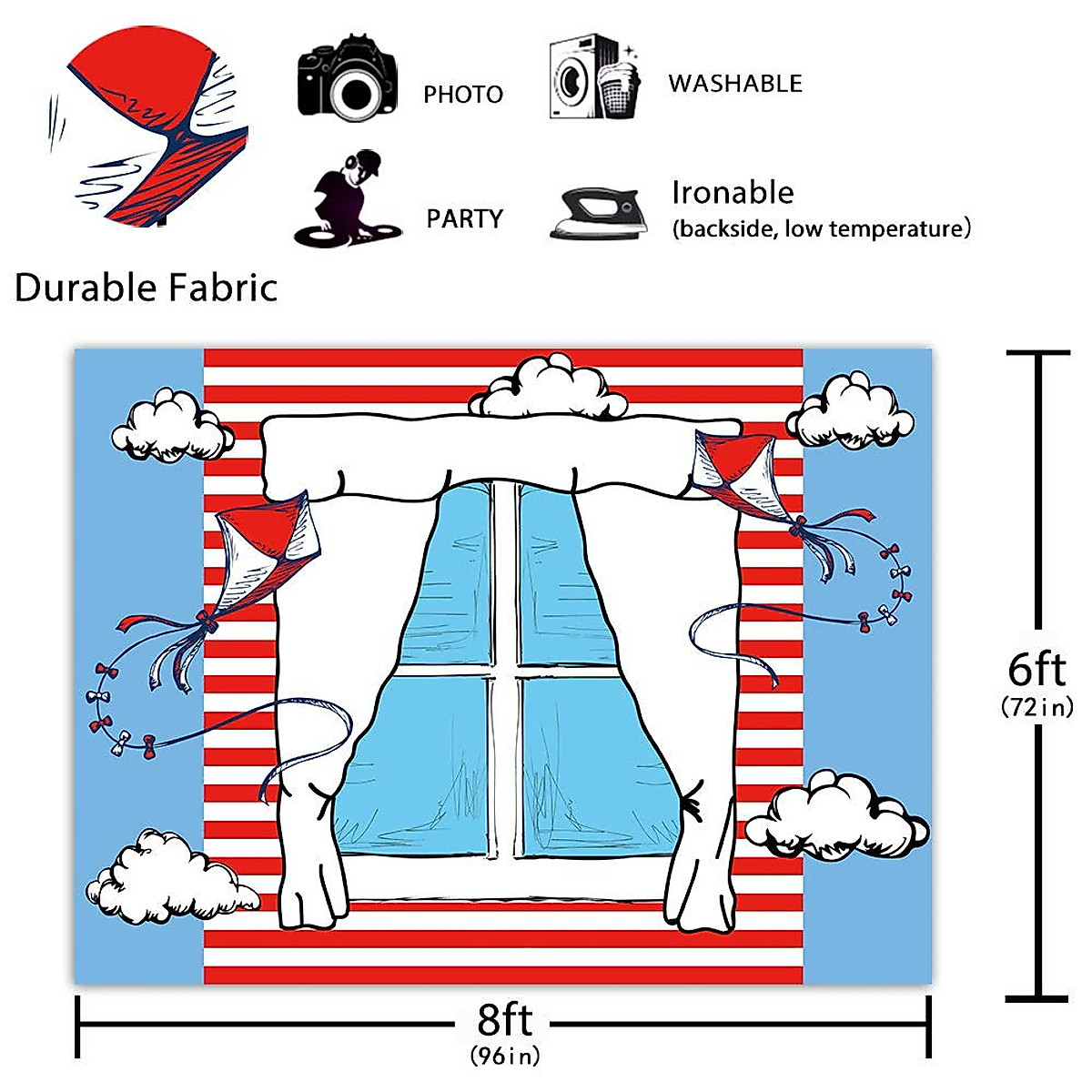 Funnytree 8x6FT Durable Fabric Cartoon Window Kite Photography Backdrop Red White Stripes Background Kid Baby Shower Birthday Party Decoration Banner Supplies Favors Photo Booth Washable