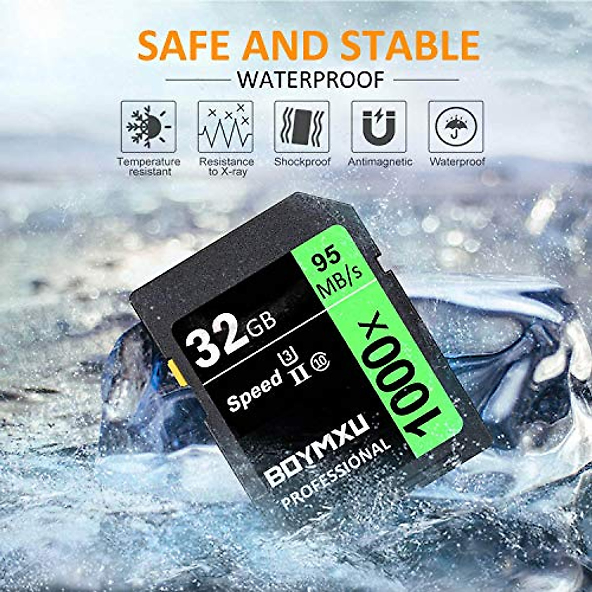 32GB Memory Card U3, BOYMXU Professional 1000 x Class 10 Card U3 Memory Card Compatible Computer Cameras and Camcorders, Camera Memory Card Up to 95MB/s, Green/Black