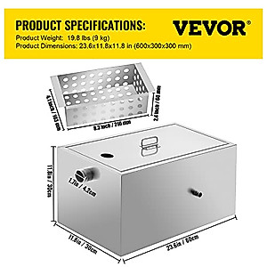 VEVOR 25LB Commercial Grease Trap, 13GPM Commercial Grease Interceptor, Stainless Steel Grease Trap w/Top & Side Inlet, Under Sink Grease Trap for Restaurant Factory Home Kitchen