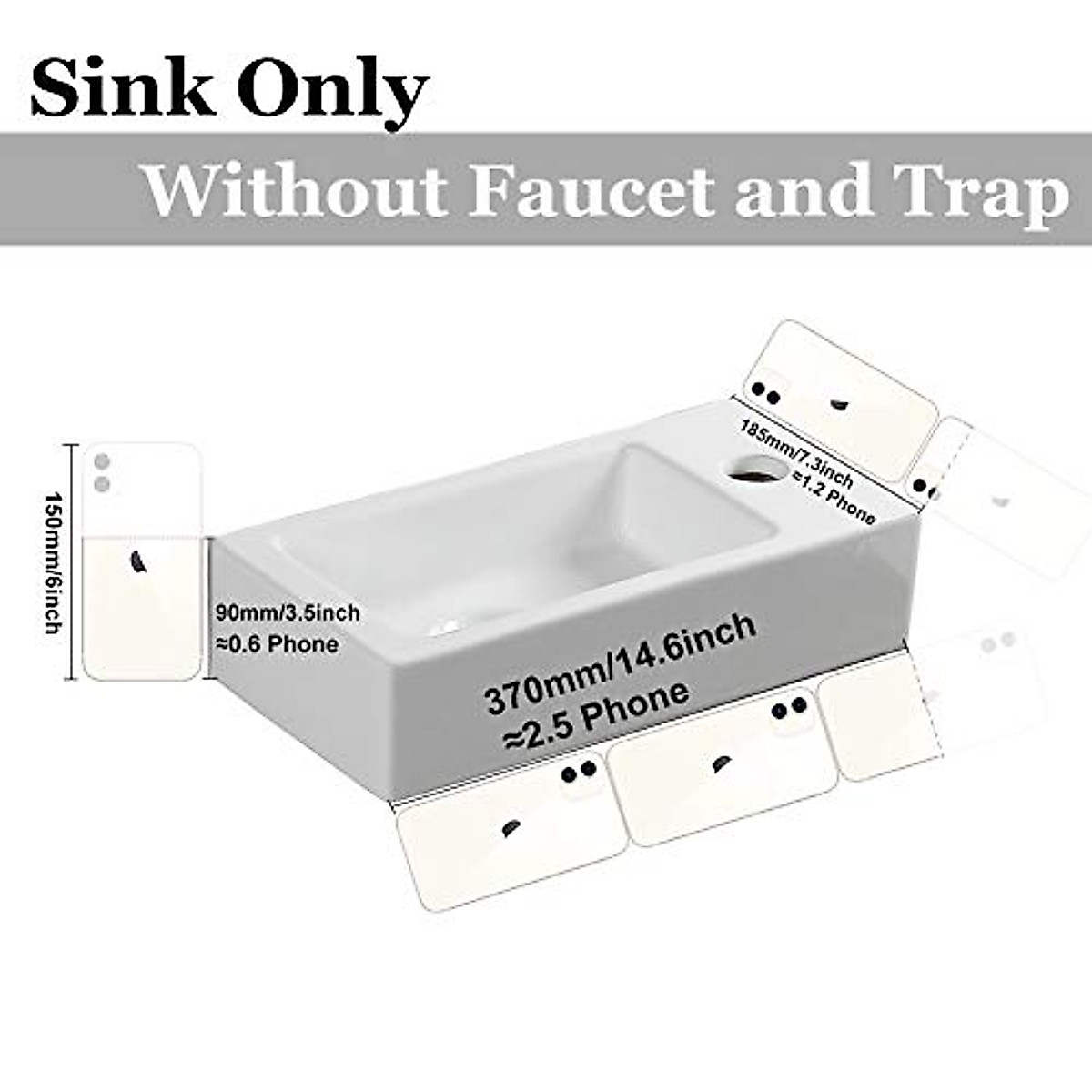 Wall Hung Basin Sink Small Bathroom Sink Rectangle Ceramic Wash Basin Right Hand (Right Hand)