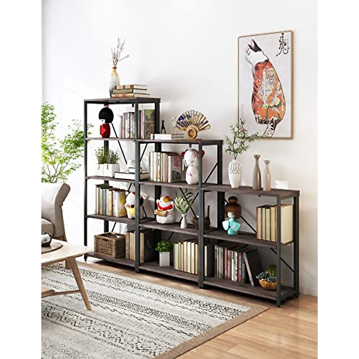 Bookshelf,5-Tier Folding Bookcase,Industrial Book Shelf,Rustic Wood Storage Shelves,Tall Bookshelf,Shelves For Bedroom,Office,Kitchen,Living Room,Study Room,No Assembly Folding Bookshelf,Black
