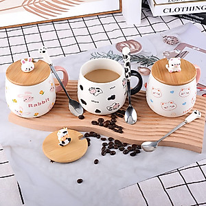 XinHuiGY Cute Animal Coffee Mug with Lid and Spoon, Cute Cow Print Stuff Gifts, Ceramic Tea Cup, Kawaii Cup, Cartoon Coffee Cup gift for Women Office and Personal Birthday Christmas 480ml (Cat)