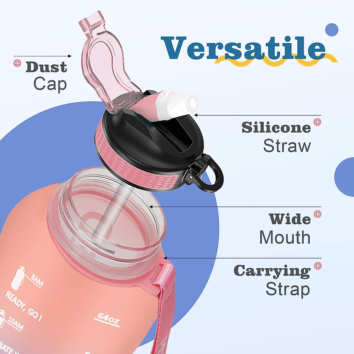 MYFOREST 64oz Water Bottle, Time Marker for Motivational Hydration, Drop-proof, BPA-free, Nozzle/Straw/Carry-Strap/Wide-Mouth for Easy Clean - 1900mL Large Sports Jug