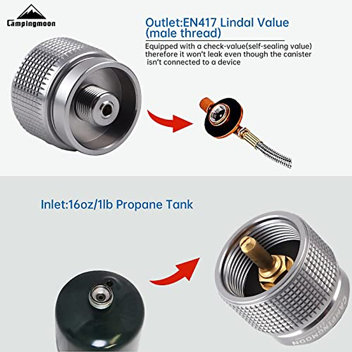 CAMPINGMOON Small Propane to Butane Adapter, Input: 16oz/1Lb small Propane Canister, Output: EN417 Lindal Valve Z22 (Silver)