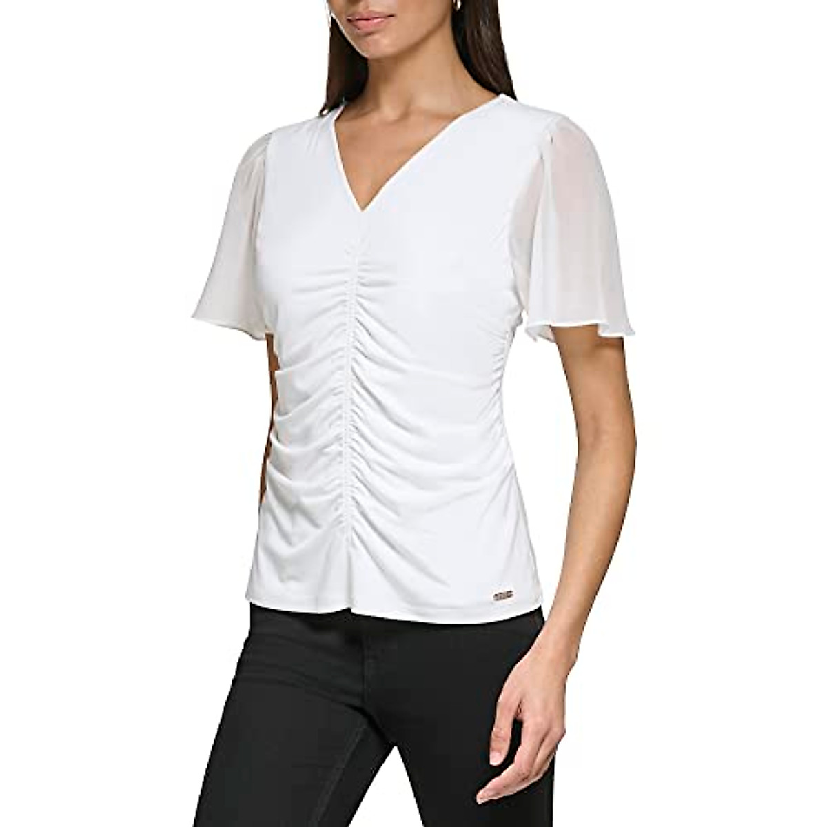 Calvin Klein Women's Gathered Front Knit Blouse, Soft White, Small