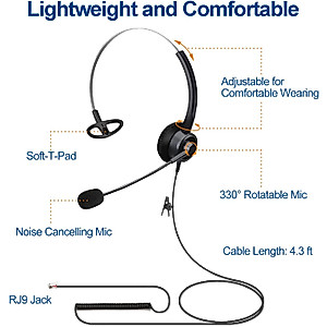 RJ9 Telephone Headsets with Microphone Noise Cancelling, Corded Office Phone Headsets Compatible with Yealink T27G T29G T40G T41P T41S T42S T46S T48S T53W T55A Avaya 9608 9611 9630 J169 J179