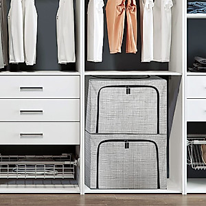 HOPABTO Blankets Storage Boxes Bins,72L 2pcs,Large Clothes Organizers,Double Opening With 4 Steel Frame,Foldable Oxford Containers for Comforters,Closet,Bedding(Gray)