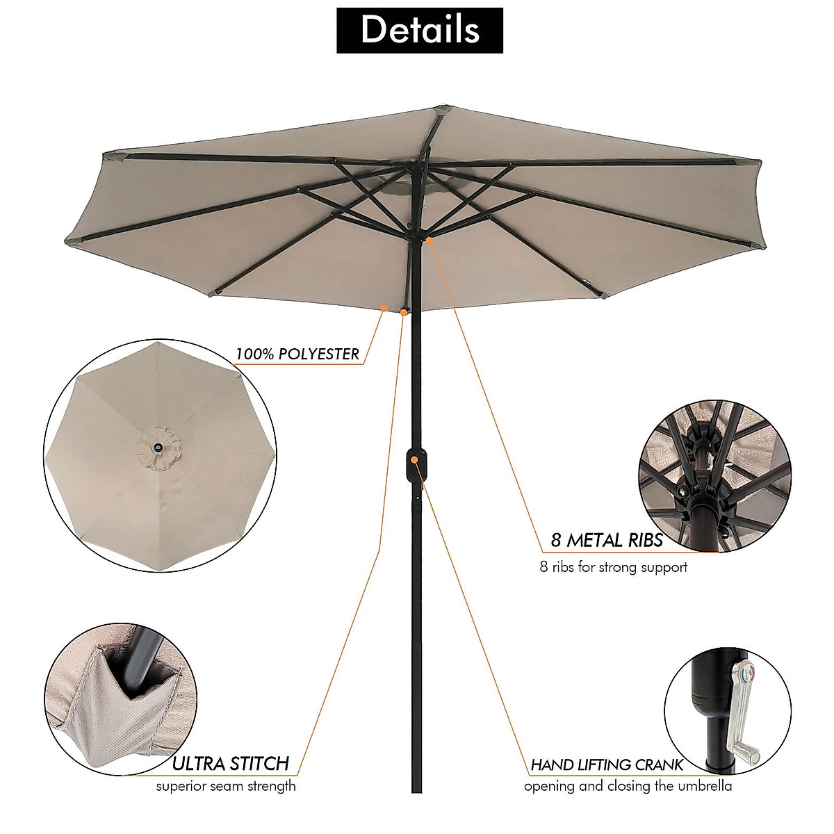 ontheway 11FT Patio Umbrella with 8 Ribs and Rust-Resistant Frame and Crank, UV Protection Outdoor Table Umbrella (Beige, 11FT)
