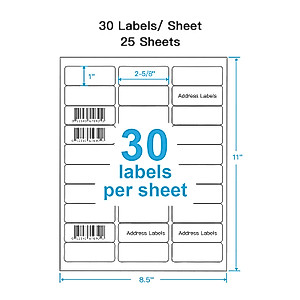 Shipping Address Labels, 1" x 2-5/8" Address Labels for Laser & Inkjet Printers, Mailing Labels for 5160, 5260, 8160, Strong Adhesive for FBA Label, Easy to Peel (25 Sheets, 750 Labels)