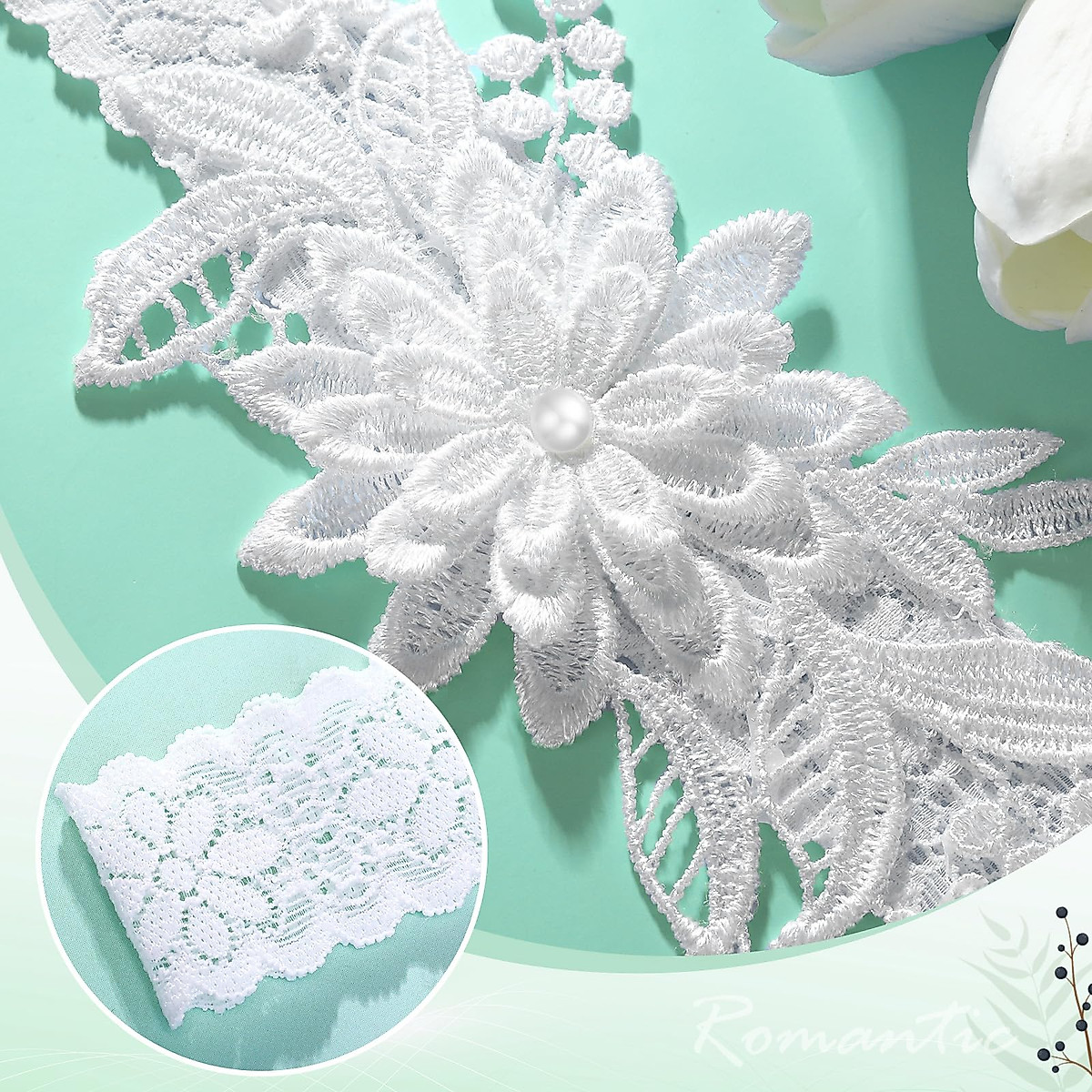 2 Pieces Wedding Garters for Bride Sexy Lace Leg Garter Belt Hand Sewn Faux Pearls Bride Garter Set(White)