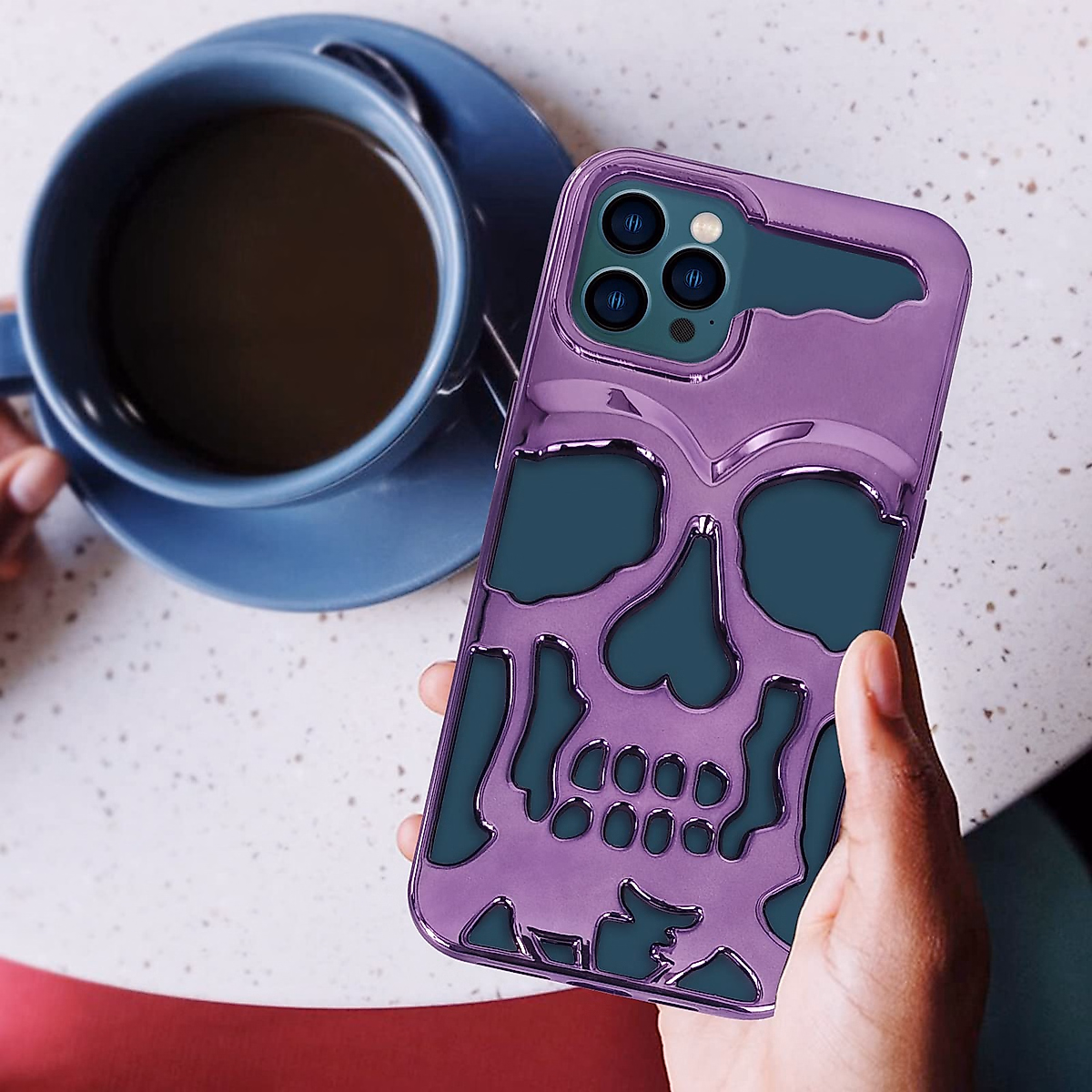 EPPARYOU Cool Skull Anime iphone 12 pro max case Deisgn Horror Hollowed Skeleton Star Space Wars plated phone cover Unique Protection Shockproof TPU Clear Case for Girls Women Cute metal dark purple