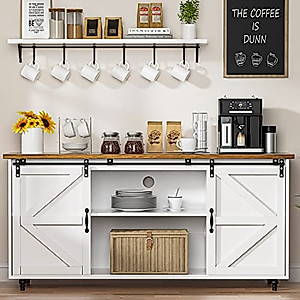 Farmhouse Coffee Bar Cabinet with Storage, 58’’ Kitchen Sideboard Buffet Storage Cabinet with Sliding Barn Door, White Cabinet with Adjustable Shelves, Buffet Table for Living Dining Room