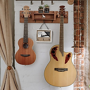 MIRIO Double Guitar Wall Mount with Shelf, Solid Wood Guitar/Ukulele Hangers with 2 Guitar Holders and Pick Holders for Wall Mount- Brown