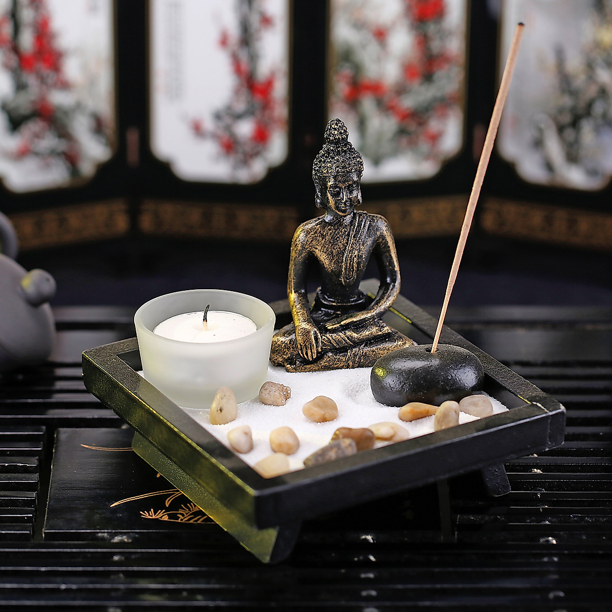 MyGift Mini Meditation Zen Rock Garden Table Decor Kit with Buddha Statue, Incense, Sand, Tealight Candle Holder and Wood Tray