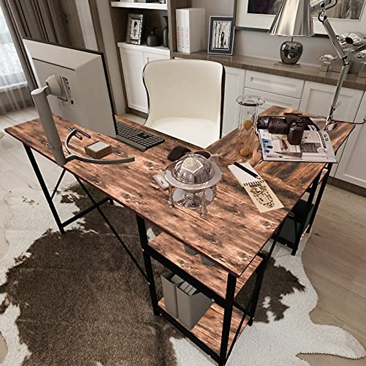 DLIUZ L Shaped Desk with Drawers，Computer Desk is Reversible Corner Large Gaming pc Table with USB Charging Port and Power Outlet,Long Writing Study Table with Shelve Suitable for 2 People Working