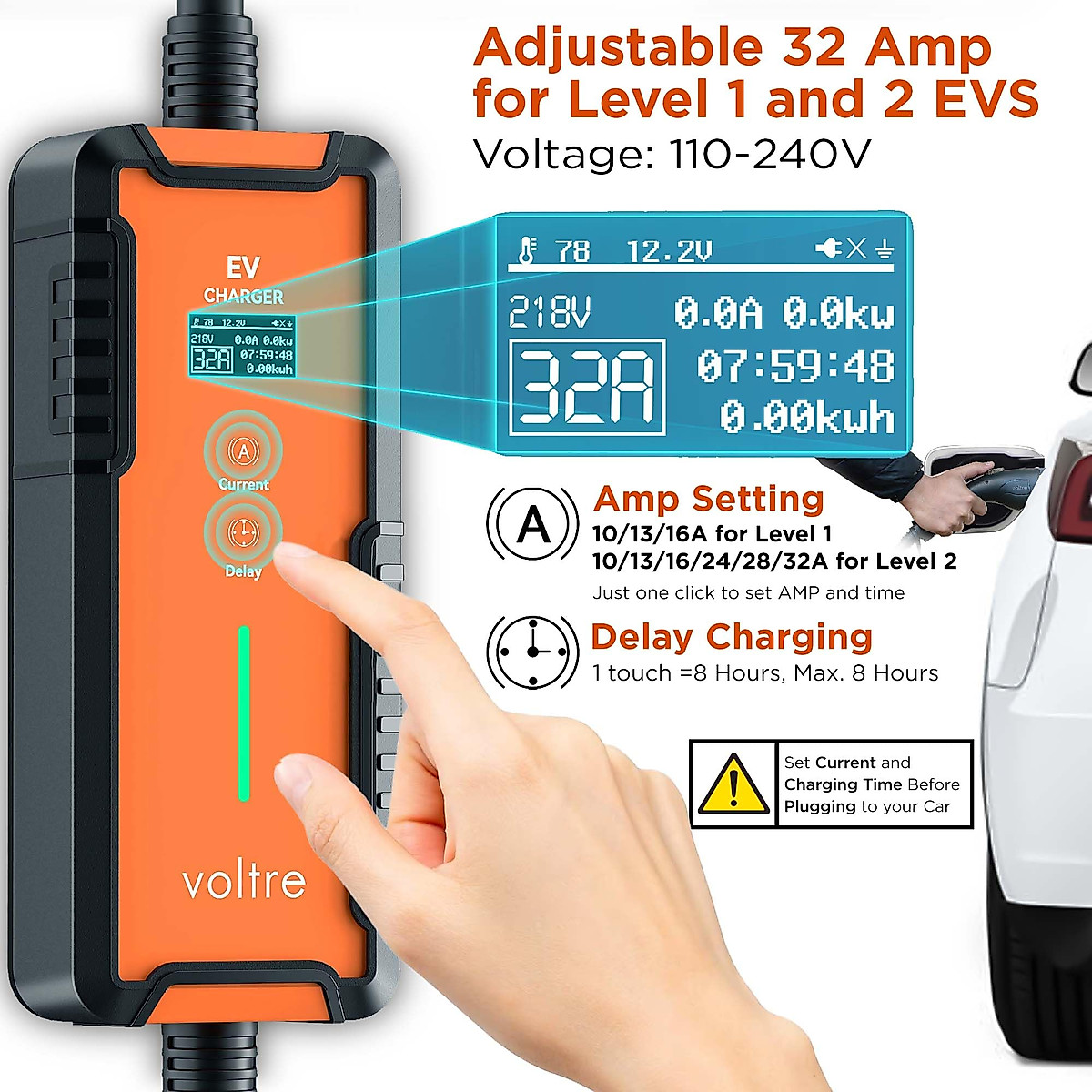 Voltre M2 Level 1 & 2 EV Charger for Tesla & EVs | 25 Ft MAX Cable | 10-32A | 110-240V Portable Electric Car Fast Charger |14-50, 5-15 Plug | Electric Vehicle Charger for J1772 Evs