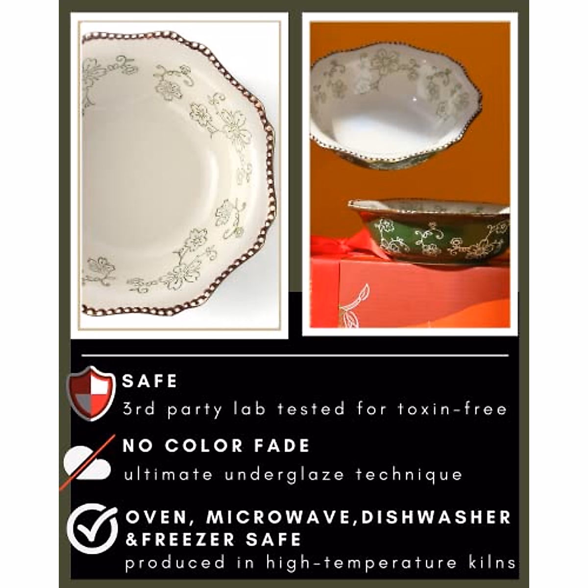 KUNABOO Artisanal Ceramic Soup Bowl, Dinner Bowls Ceramic, Dinner Bowls Set of 4-14 oz - Sakura Floral Series Pine Green - Ready to Wrap Gift