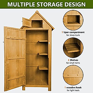 Outdoor Storage Shed with Floor, Outside Wooden Storage Cabinet with Waterproof Roof, Shelves and Hooks, Weather Resistant Tool Shed with Lockable Door for Yard, Garden, Patio, Backyard (Yellow)