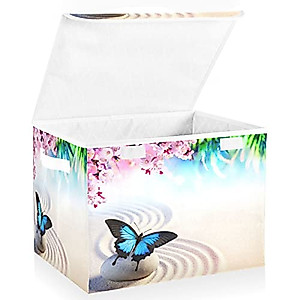 Storage Bins with Lids Foldable Storage Baskets Storage Cubes Collapsible Closet Organizer Containers with Cover Japanese Butterfly Zen and Sakura Blossoms for Home Office Organizer Closet, Shelves, T