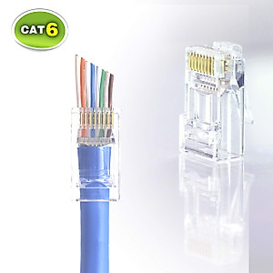 VCE RJ45 Cat6 Pass Through Connectors 100-Pack, UL Listed, Gold Plated Cat6 RJ45 Ends, Ethernet Crimp Network Plugs for Solid or Stranded UTP Cable, Support POE