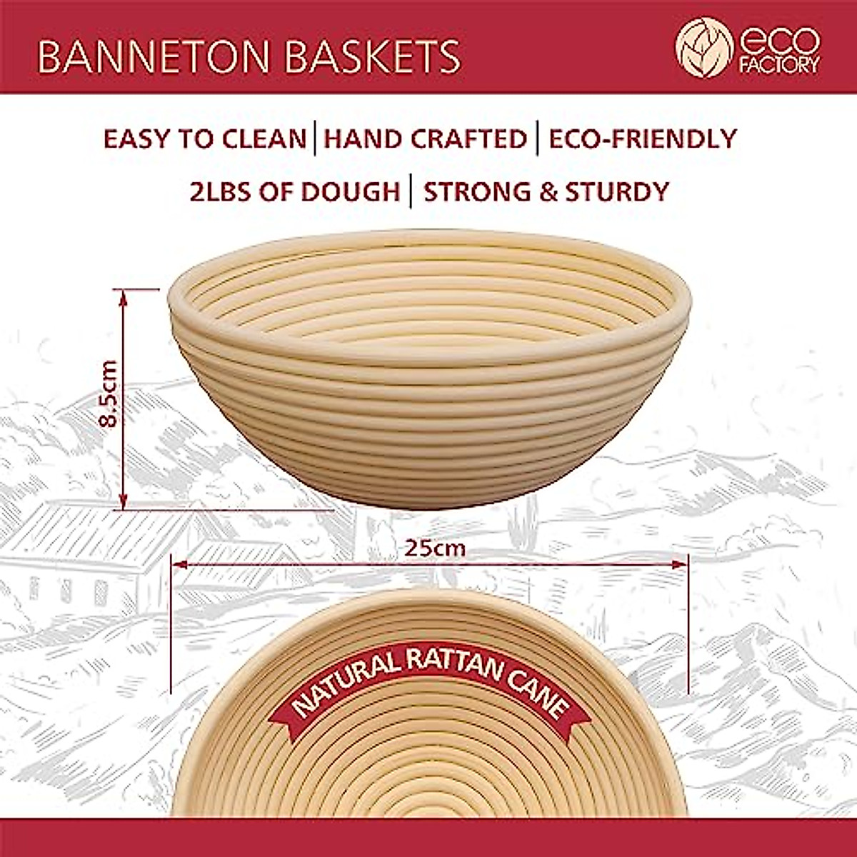 ECO FACTORY Professional Bread Proofing Basket Set of 2-9 inch Round Baskets - Sourdough Bread Making Kit - 100% Natural Indonesian Rattan - Stainless Steel Accessories - Designed in Switzerland