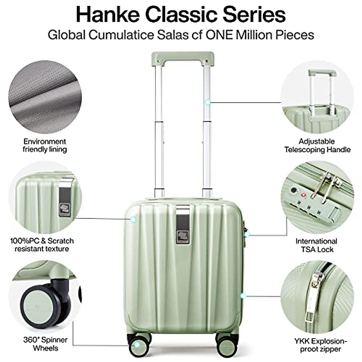 Hanke 14 Inch Underseat Carry On luggage with Wheels, Lightweight Mini Suitcase for Weekender, PC Hardside Small Carry On Bag with TSA Lock,Travel Suit Case Women men（Bamboo Green）