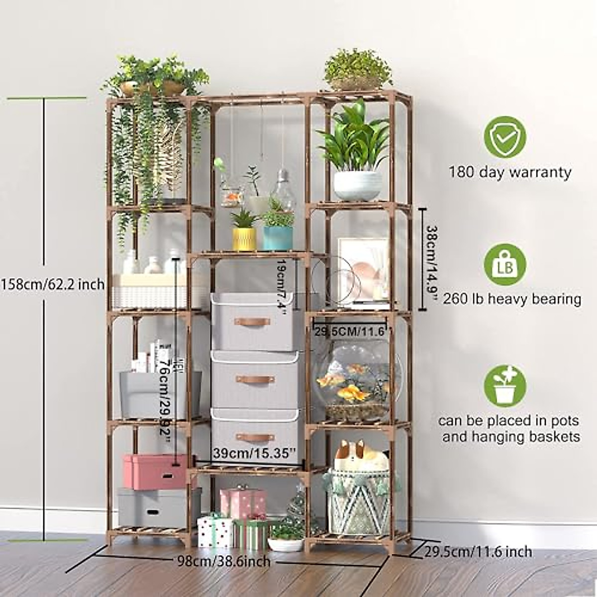 cfmour Wood Plant Stand Indoor Outdoor, 62.2" Tall Flower Shelf Tiered Plant Stands for Multiple Plants Large Planter Holder Hanging Shelves Rack for Living Room Garden Balcony