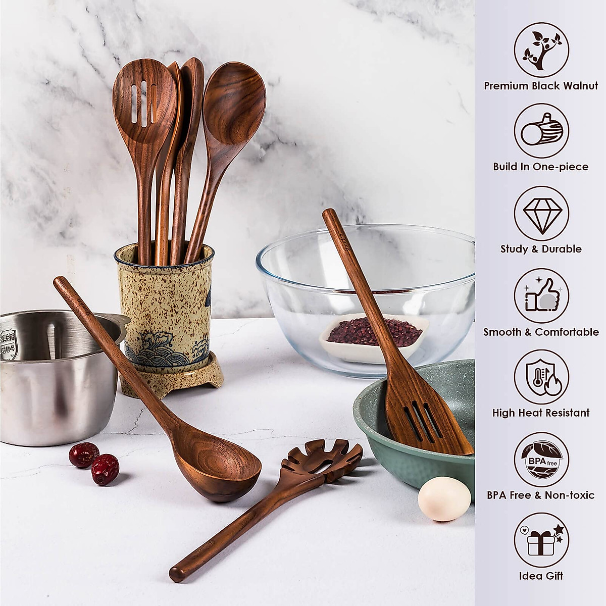 Black Walnut Kitchen Utensils Set - 7 Pcs Dark Wooden Cooking Utensils, 13.6” Long Handle Natural Walnut Wood Flat Spatula, Slotted Turner, Soup Ladle, Skimmer, Pasta Server, Corner Spoons for Cooking