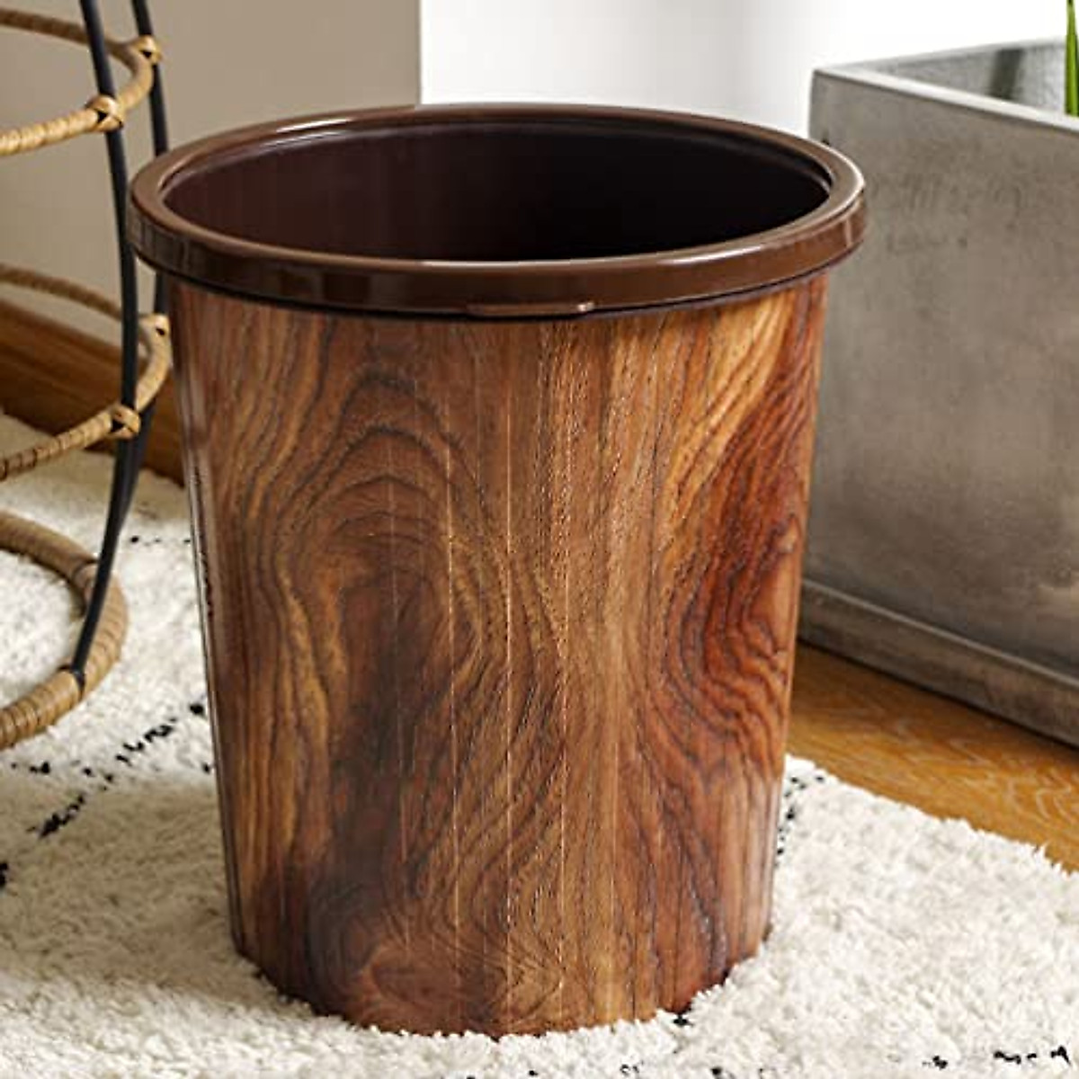 Angoily Trash Can with Pressing Ring 10L Imitation Wood Grain Waste Basket Garbage Can Rubbish Bin Flower Pot Toys Bucket for Home Office Brown