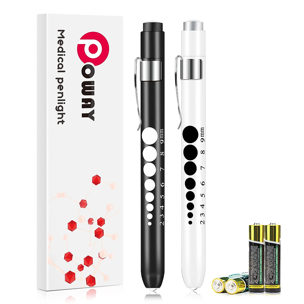 Opoway Nurse Penlight with Pupil Gauge Medical Pen Light for Nurses Doctors with Batteries Included 2ct. White and Black