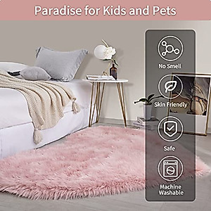 HOMBYS Fluffy 4x6 Faux Fur Heart Shaped Area Rug for Living Room Bedroom, Soft Large Pink Faux Sheepskin Play Carpet for Kids Baby Girls and Pets, Plush Furry Decor Shaggy Feet Mat for Bedside