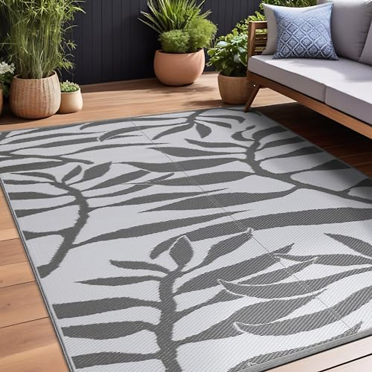 Beverly Rug Floral Leaf Outdoor Rugs 6x9 Waterproof Reversible Plastic Straw Rug Outdoor Carpet, Outside Mat for Patio, Camping, Picnic, Porch, Deck, RV, Beach, Pool, Grey and White