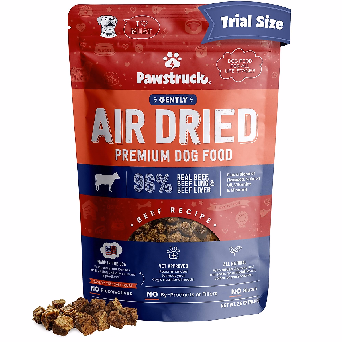 Pawstruck All Natural Air Dried Dog Food with Real Beef, Grain Free, Made in USA, Non-GMO, Vet Recommended, High Protein Limited Ingredient Full-Feed, All Breeds & Ages, 2.5oz Trial Bag