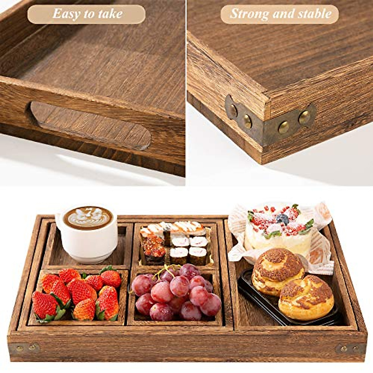 Rustic Wooden Serving Trays with Handle - Set of 7 - Large/Medium/Small/Mini-Nesting Multipurpose Trays - for Breakfast, Coffee Table/Butler & More