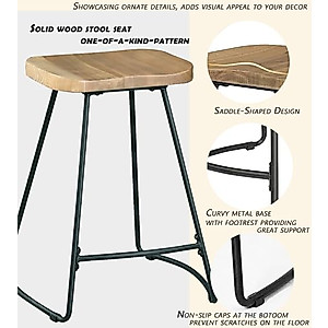 JUBILOOM 24 Inch Bar Stools, Counter Height Bar Stools with Metal Leg, Kitchen Stools with Wood Saddle, Industrial Backless Bar Stools for Kitchen Island, Natural Solid Elm Wood Black Metal, 624PNR1