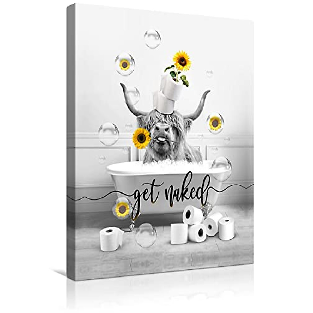 WALLOHERE Bathroom Canvas Wall Art Black And White Artwork Farm Highland Cow In Bathtub With Sunflower Picture Print Modern Giclee Decor For Decoration Ready To Hang 12x16 Inch, 12 x 16 in