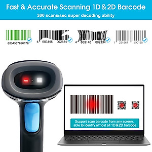 Sumicor Bluetooth Wireless Barcode Scanner with Stand, Handfrees Automatic Scanning & Manual Trigger Hand Barcode Scanner Gun, 1D 2D QR Code DM Scanner Work with Smart Phone, Tablet, PC