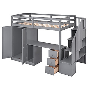 Gray Twin Size Loft Bed with Stairs and Desk, Wooden Twin Loft Bed with Wardrobe and Storage Drawers, High Loft Bed Frame for Kids, Teens, Adults Boys & Girls, Loft Bed Twin with Storage