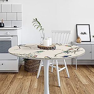 Little Birds Round Tablecloths Bird on Branches Tablecloths for Circular Tables Round Fitted Polyester Tablecover with Elastic for Kitchen/Dining/Party Indoor and Outdoor Use Machine Washable 36"- 42"