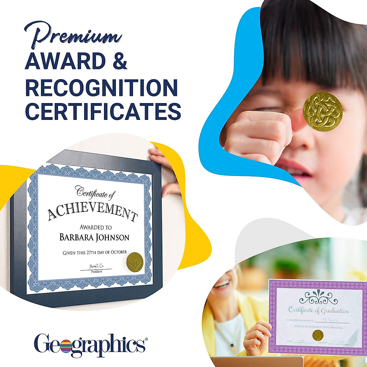 Geographics Self-Adhesive Gold Foil Seals, Assorted Embossed Emblems, 1.25 inch Diameter, 54 per Pack