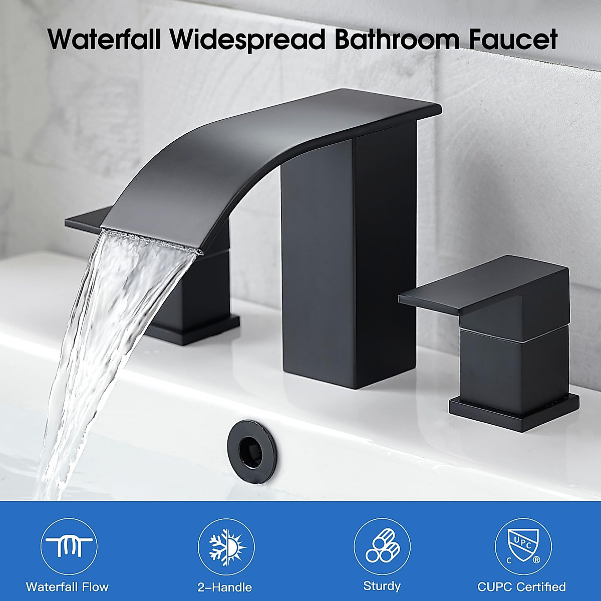 RUMOSE 8 inch Bathroom Faucets Set Matte Black Bathroom Sink Faucet 3 Hole with Pop Up Drain Widespread 2 Handles Stainless Steel Lavatory Vanity Faucet Waterfall Spout Bathroom Faucet Deck Mounted