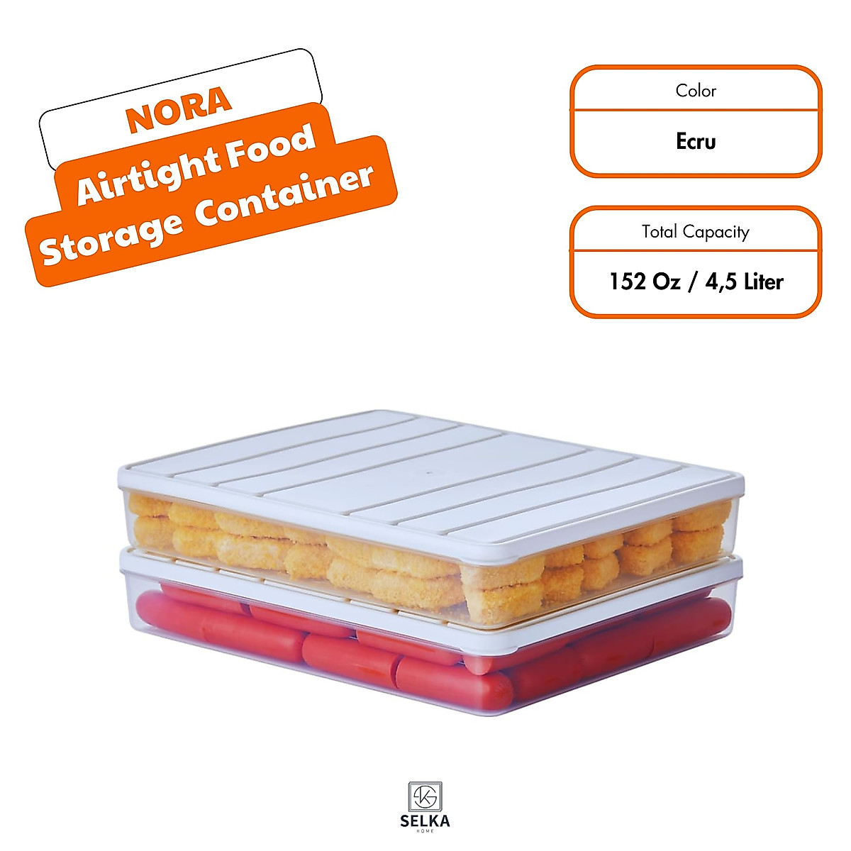 Selka Home - Airtight Food Storage Containers with Lids, Refrigerator Organizers and Storage, Nora 2 Piece - Large Size 76 Oz (2,25 Liter), Ecru