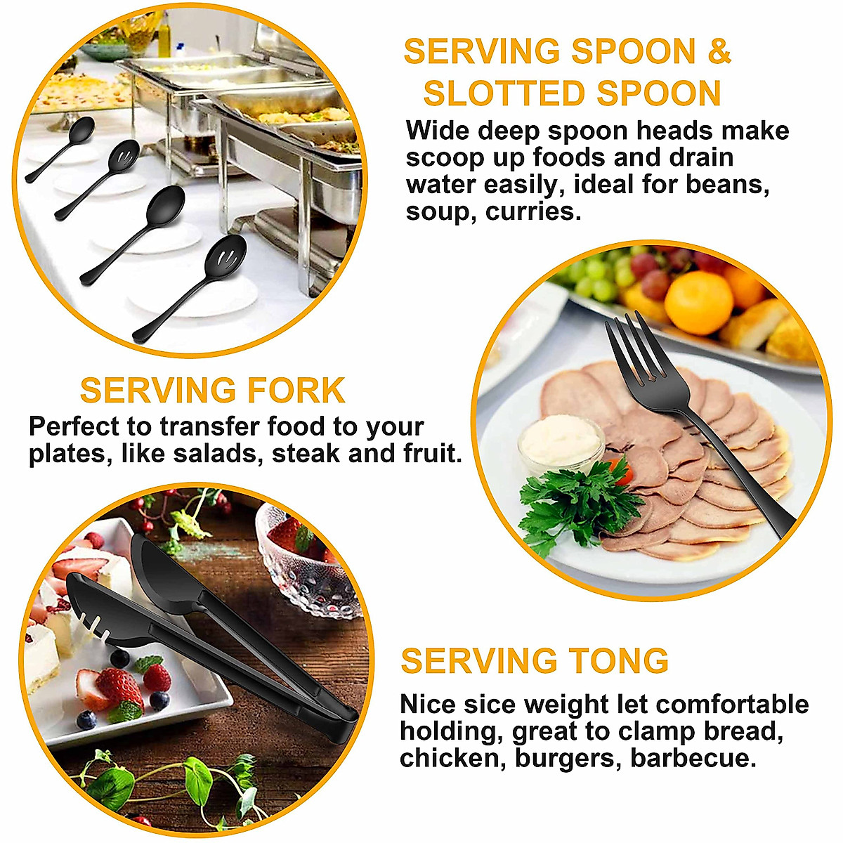 Homikit Stainless Steel 3 Large Serving Spoons, 3 Slotted Serving Spoons, 3 Serving Forks, 3 Serving Tongs, 12Pcs Black Metal Catering Banquet Buffet Serving Utensils, Mirror Polished, Dishwasher Safe