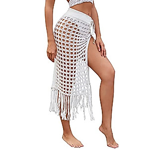 Solid Skirt Beach Sexy Hollow Fringed Color Knitted Summer Split Ripped Women's Skirt Skirt Sequin Skirts for Women Pencil (White, XL)